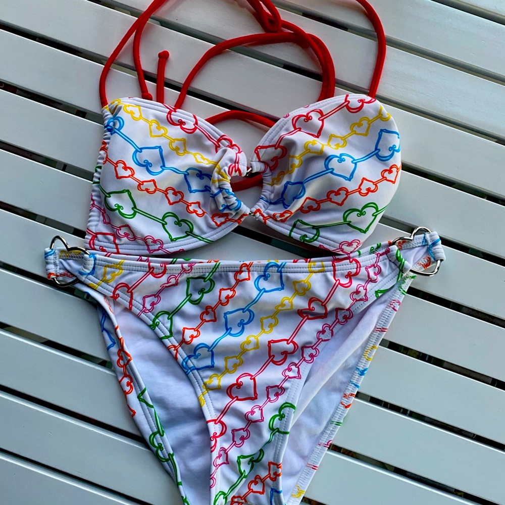 Candies Swim String Bikini White With Heart Designs S… - Gem